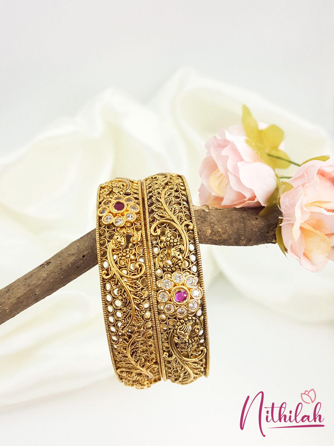 Antique Traditional Kada Flower Design AD Stone Bangles – Nithilah
