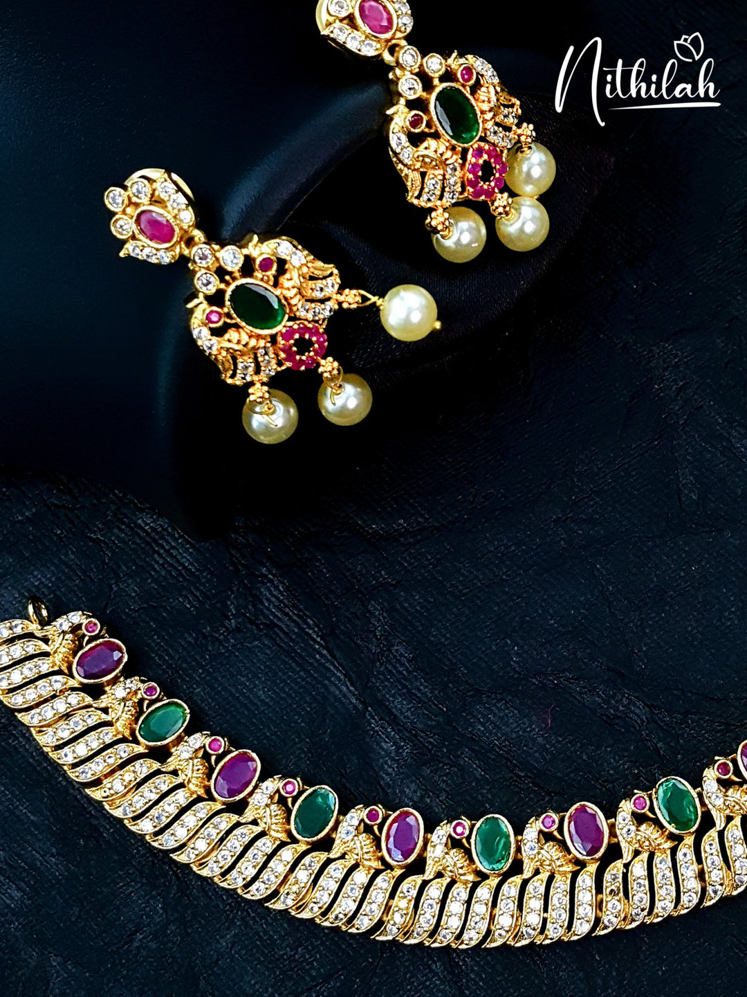 Buy Matte Finish Gold AD Necklace | Multistone Necklace Sets – Nithilah